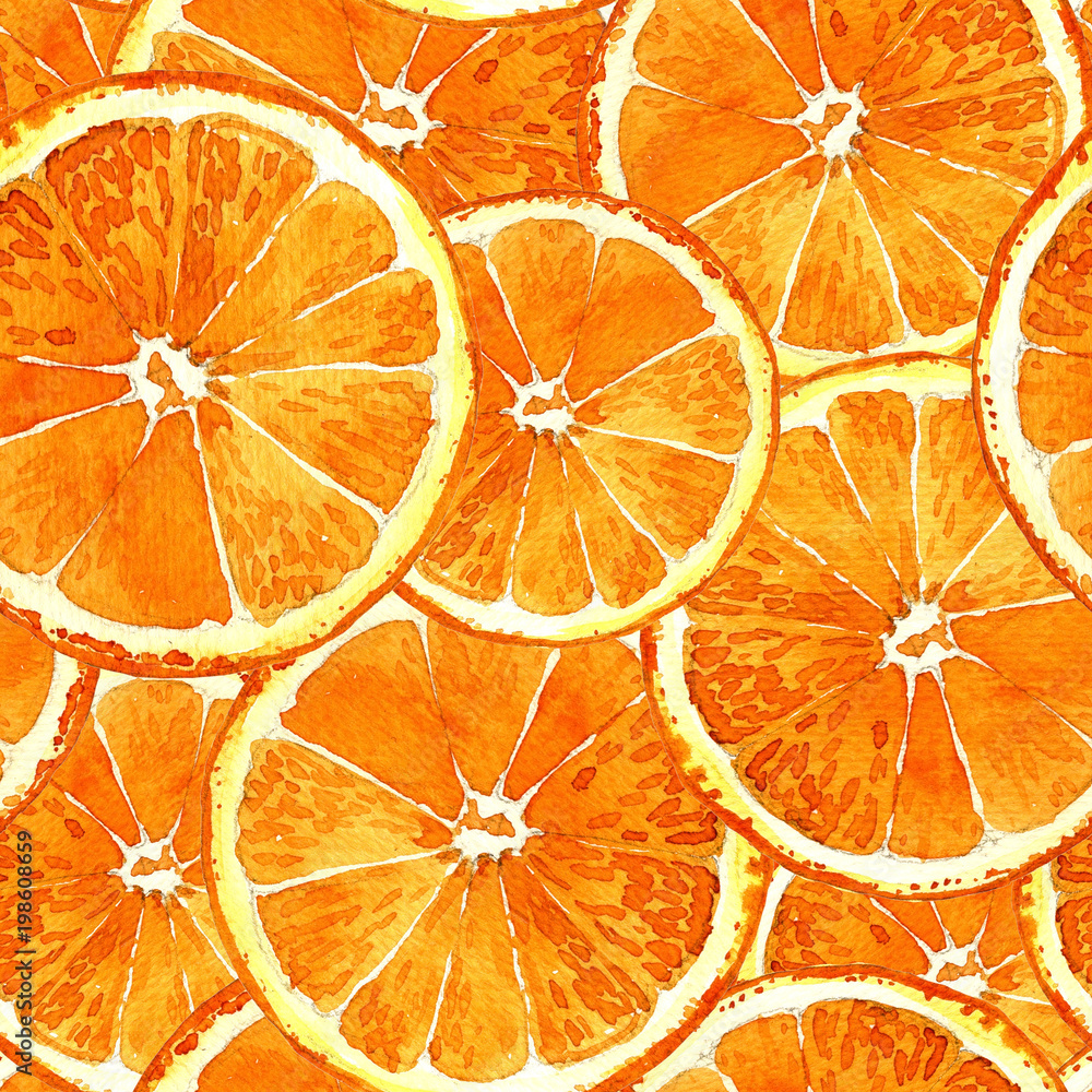 Watercolor seamless pattern of cut oranges painted in watercolor. Stock ...