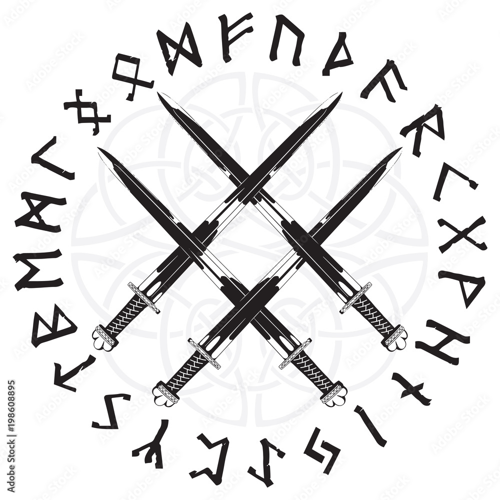 Four crossed the Vikings sword in a circle of Norse runes Stock Vector ...