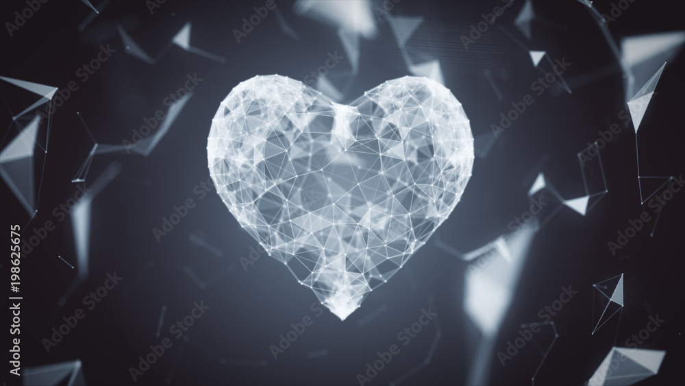 The digital heart icon is formed from particles in a network cloud of ...