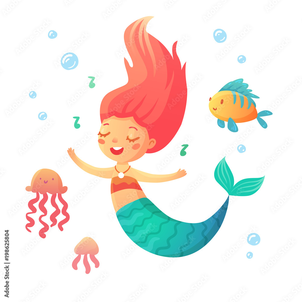 Cute singing mermaid in cartoon style. Fairytale illustration for kids ...
