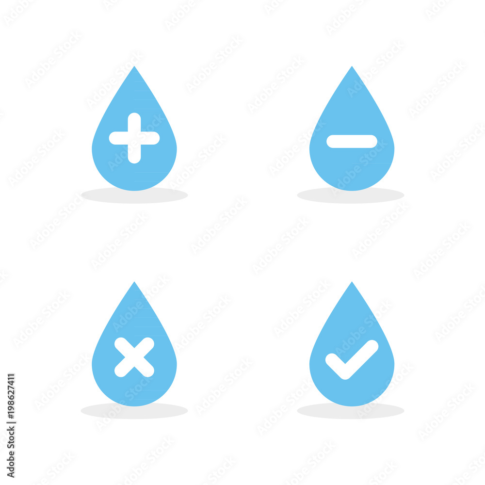 Vetor de Set: Water drops with plus, minus, tick and cross symbols ...