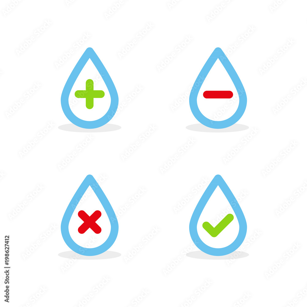 Set: Water drops with plus, minus, tick and cross symbols. Vector ...