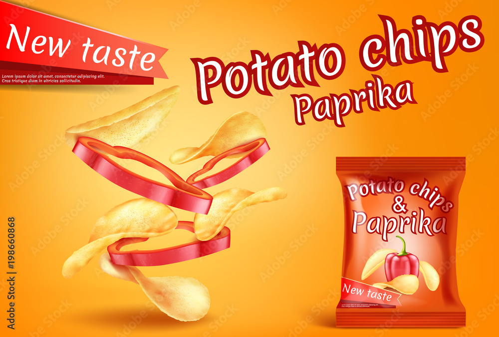 Vector promotion banner with realistic potato chips and paprika slices ...