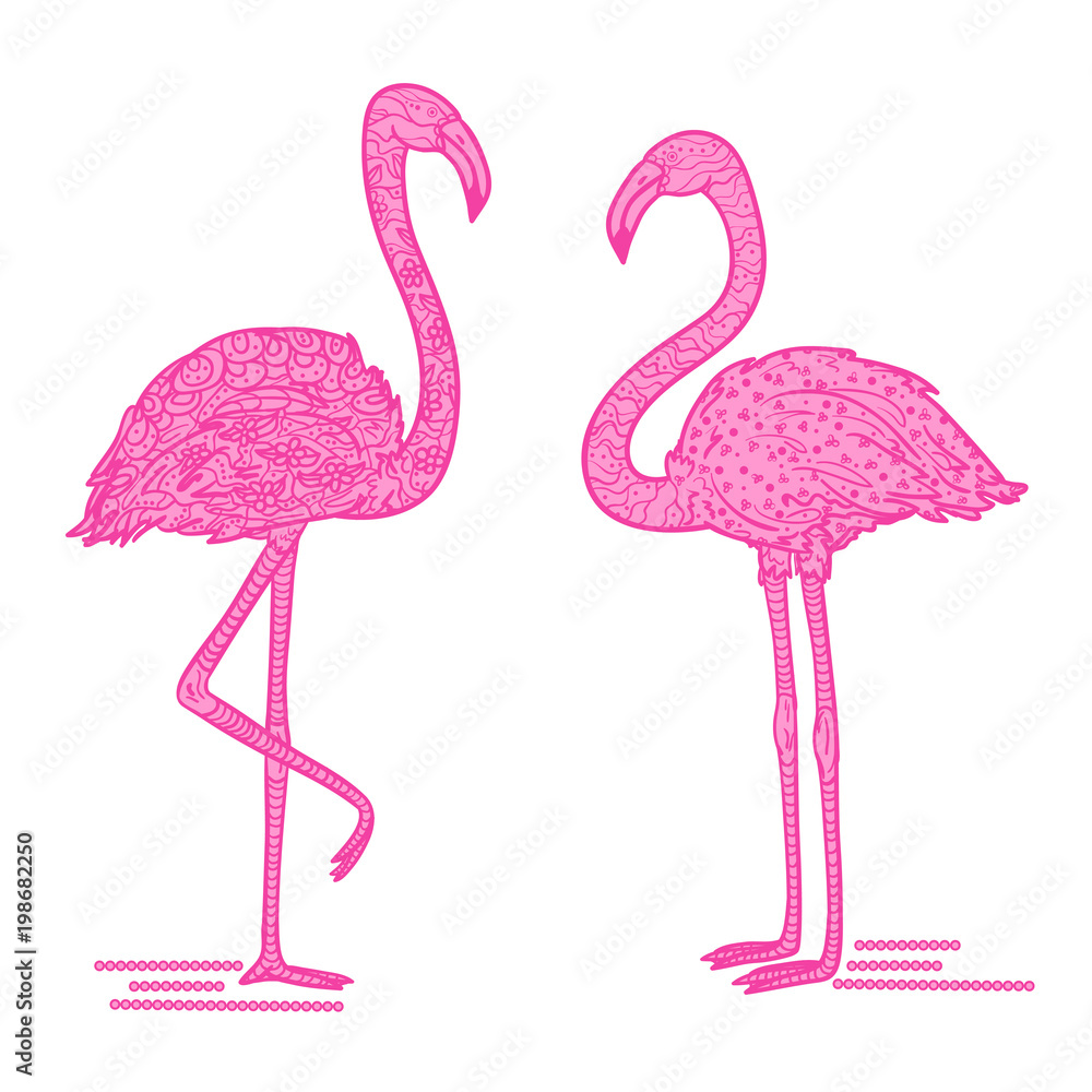Flamingo. Design Zentangle. Hand drawn cartoon birds. Bright colors ...