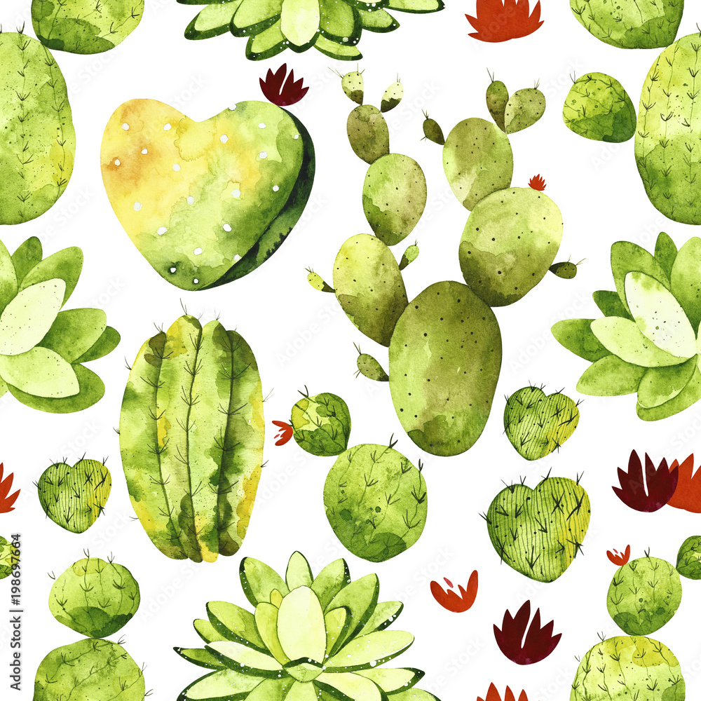 Watercolor cactus seamless pattern. Colorful cactus and succulents ...