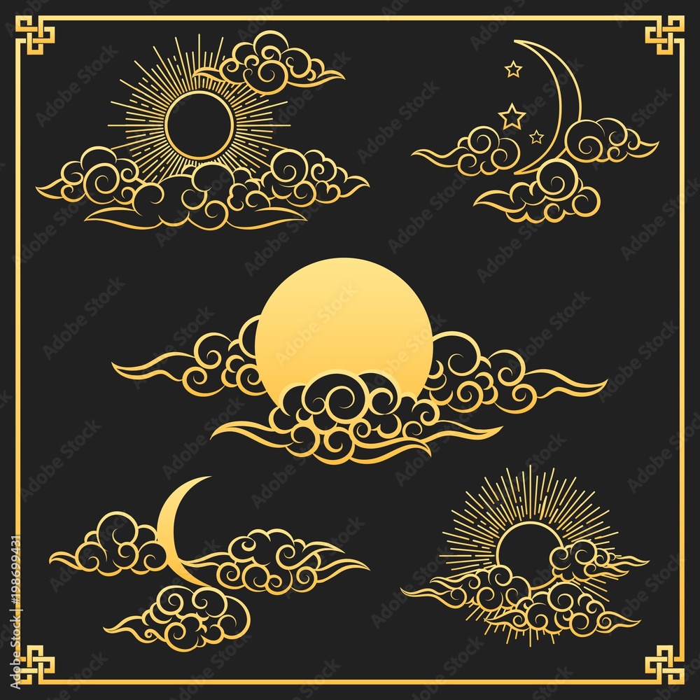 Oriental clouds, sun and moon. Gold sun and moon with clouds in old ...
