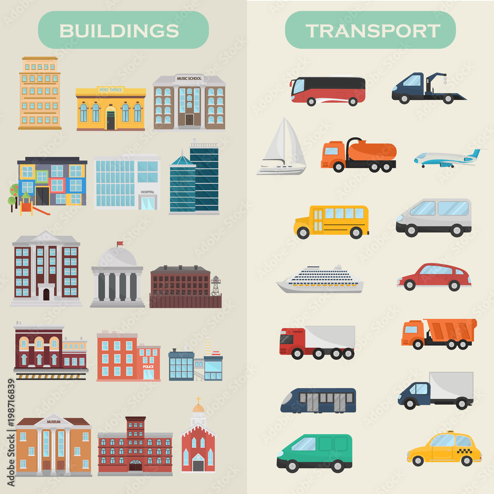 City building elements and transport elements color flat icons set Stock Vector | Adobe Stock
