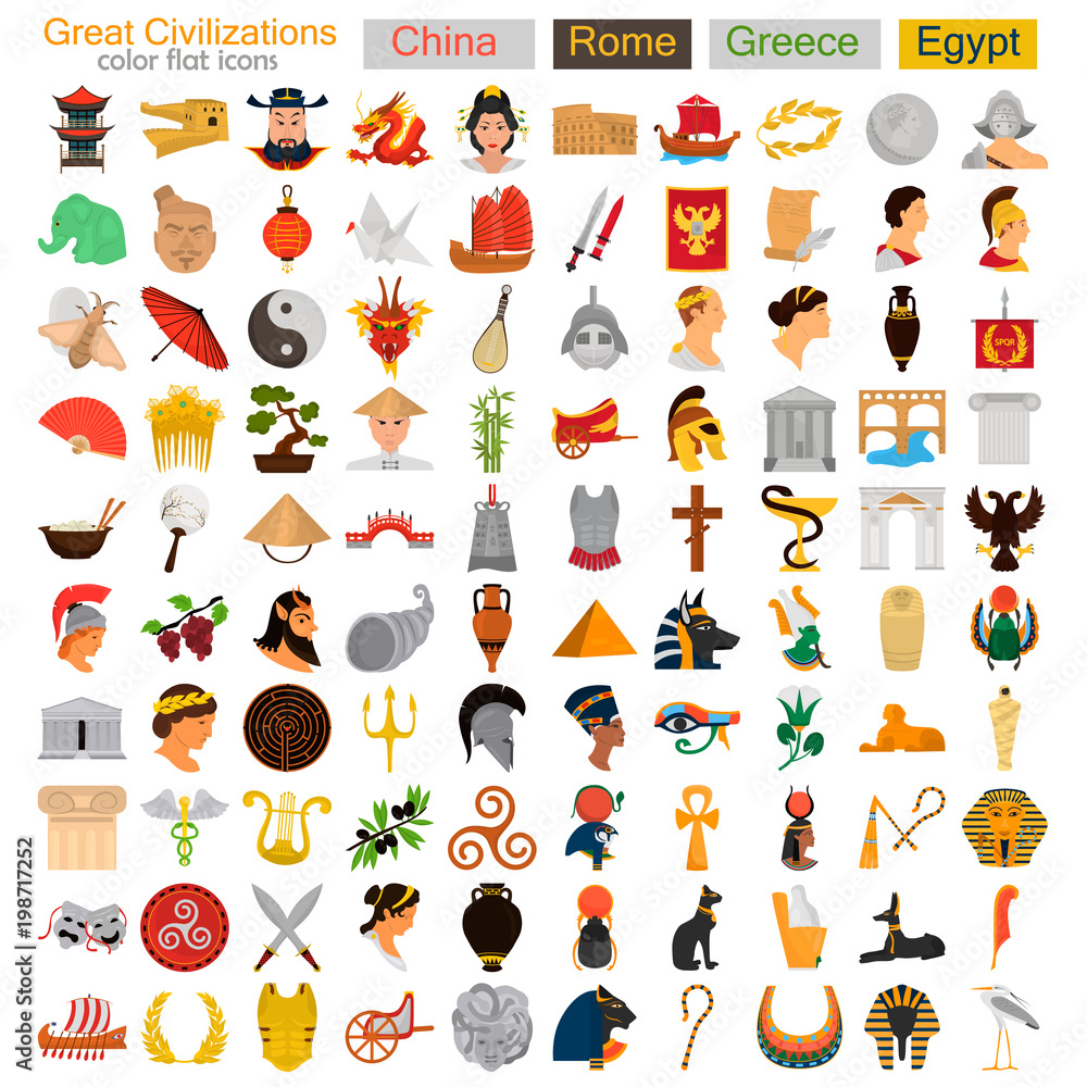 Four Great civilizations color flat icons set Stock Vector | Adobe Stock