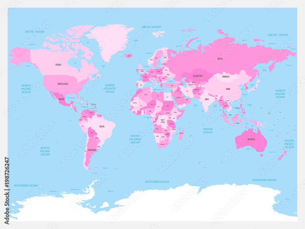 World map atlas. Pink colored political map with blue seas and oceans ...