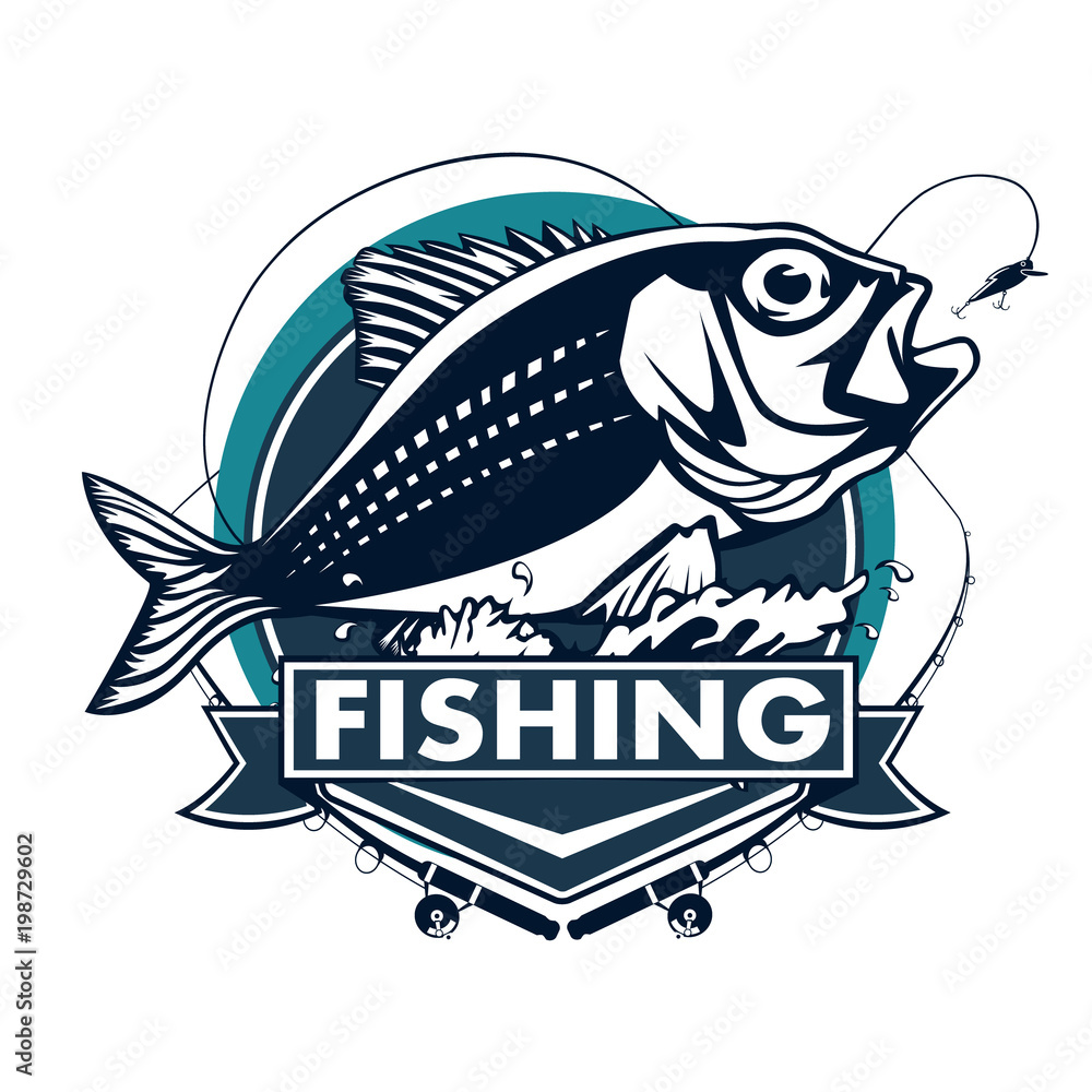 Red snapper with rods and ocean waves fishing logo isolated on white ...