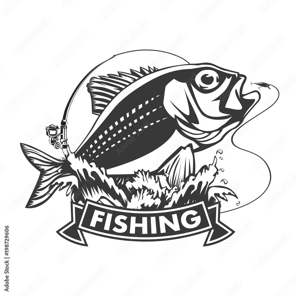 Red snapper with rods and ocean waves fishing logo isolated on white ...