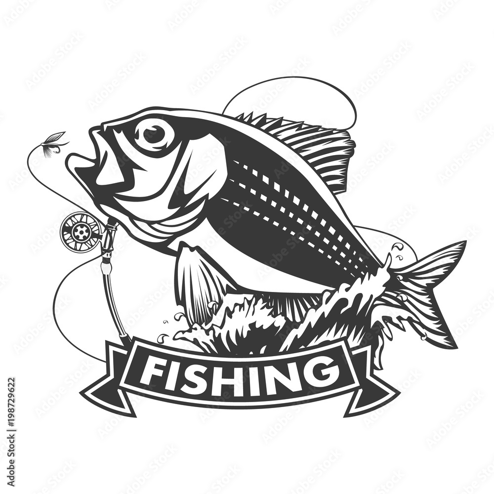 Red snapper with rods and ocean waves fishing logo isolated on white ...