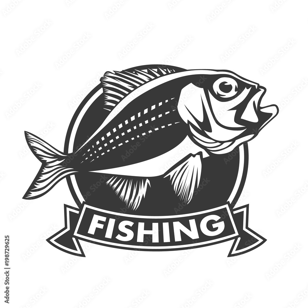 Red snapper with rods and ocean waves fishing logo isolated on white ...