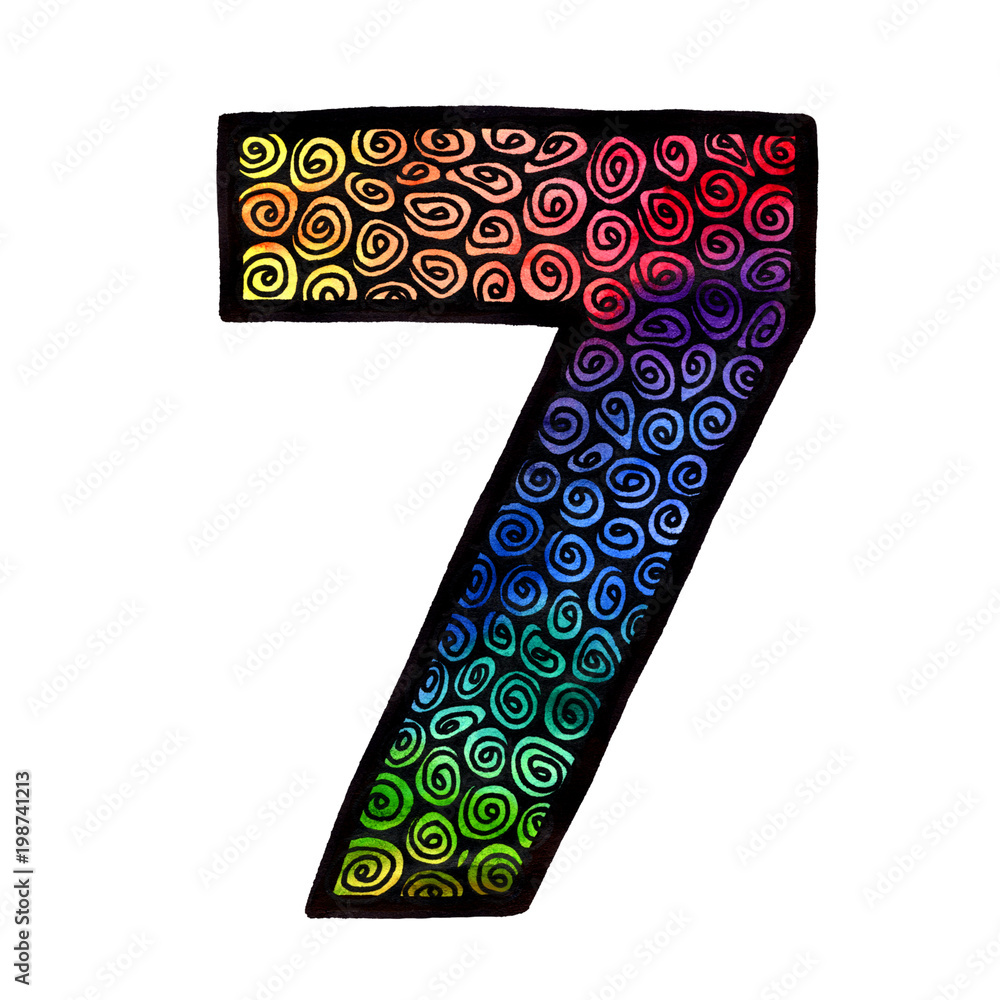 Number Seven With Rainbow Watercolor Texture Stock Illustration | Adobe ...