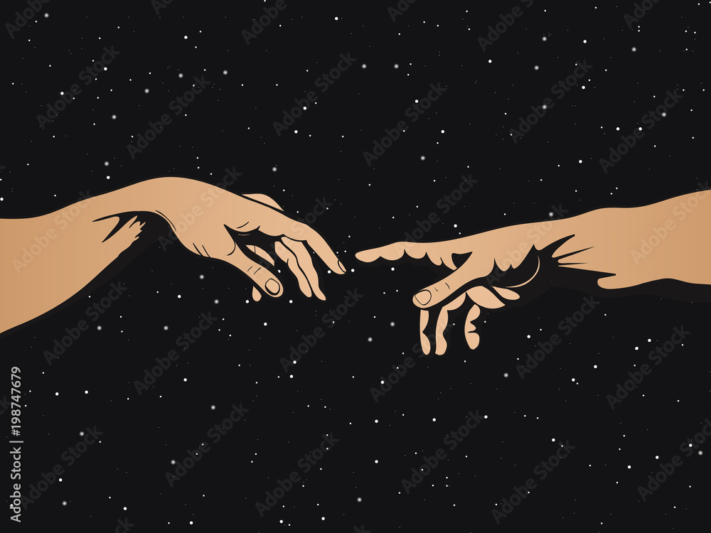 Adam and God hands on space background. Vector illustration Stock ...