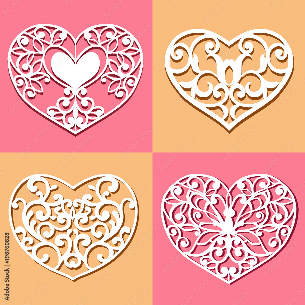 Set of laser cut hearts. Collection stencil lacy hearts with carved ...