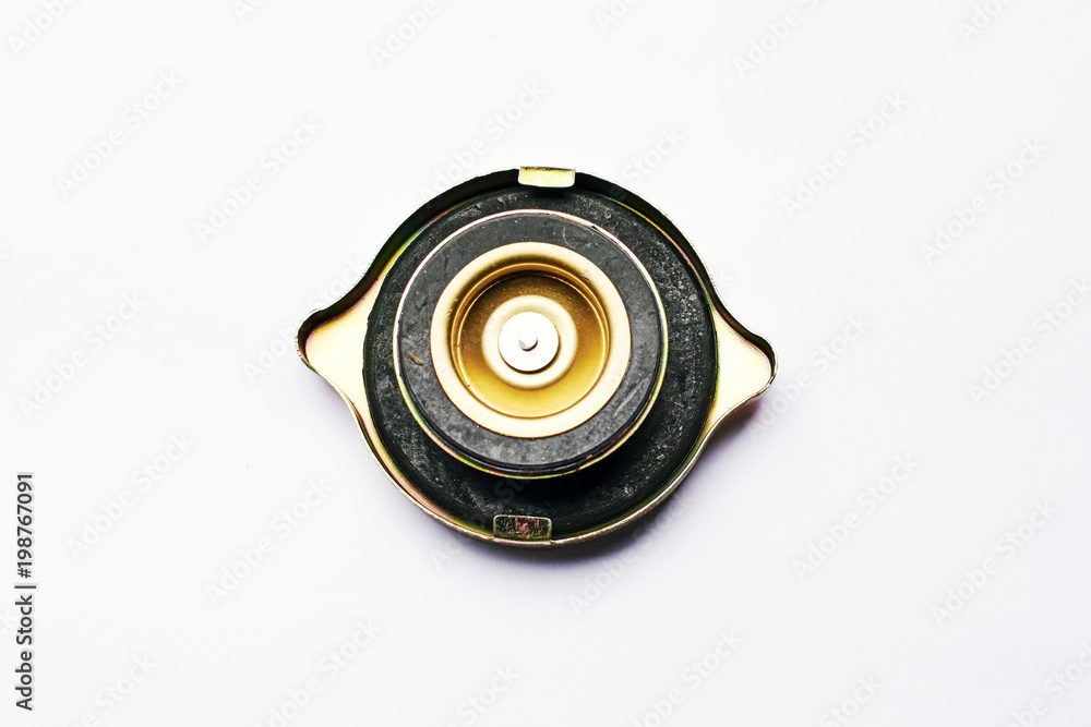 Car radiator cap with warning label isolated on white background Stock ...