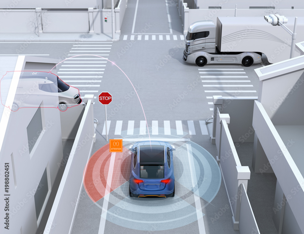 Rear view of blue SUV in one-way street detected vehicle in the blind ...