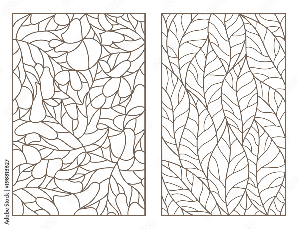 Set of outline illustrations of stained glass Windows with leaves of ...