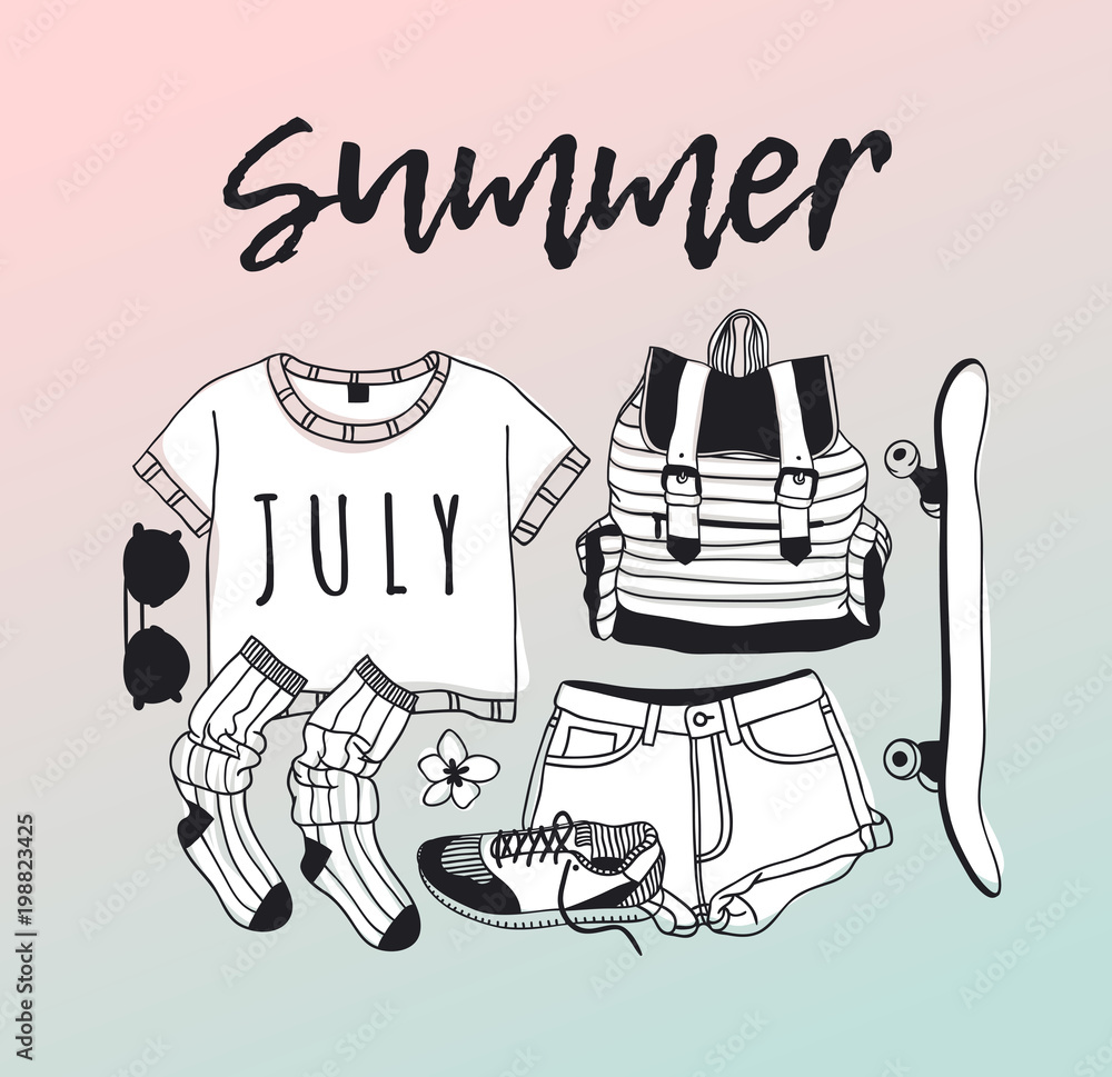 Hand drawn summer pattern. Tropical vector background. Artistic doddle ...