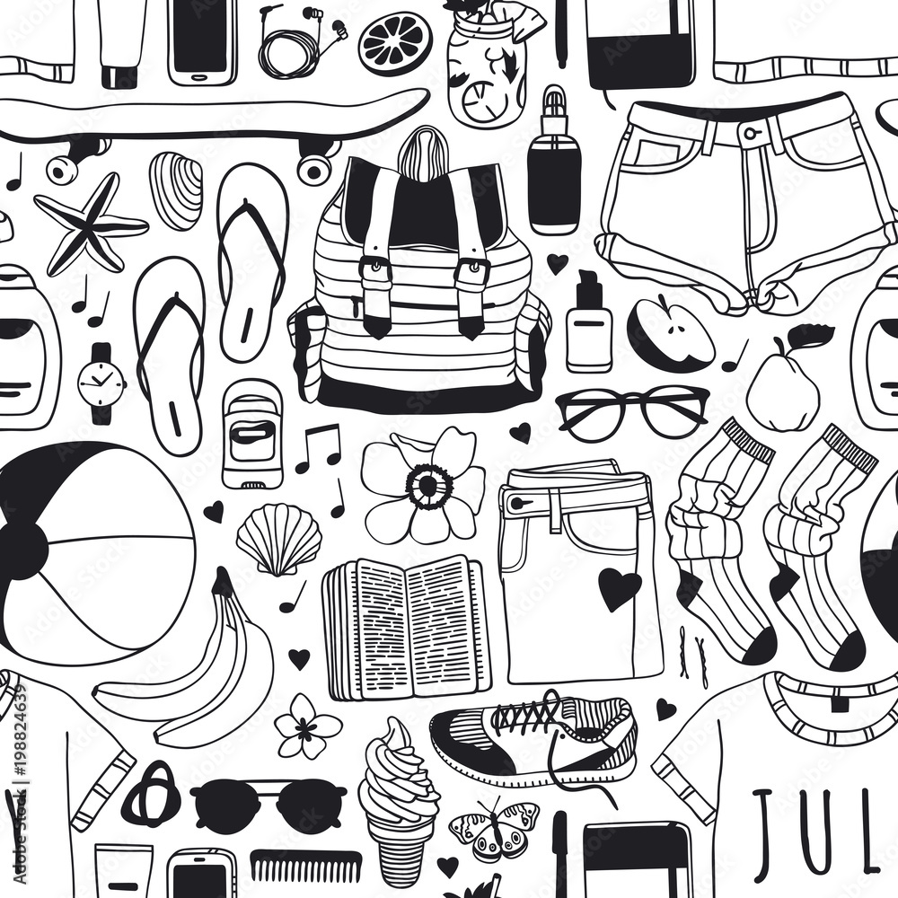 Hand drawn summer seamless pattern. Tropical vector background ...