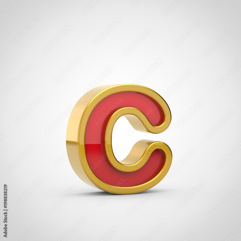 Gloosy red letter C lowercase with golden outline isolated on white ...