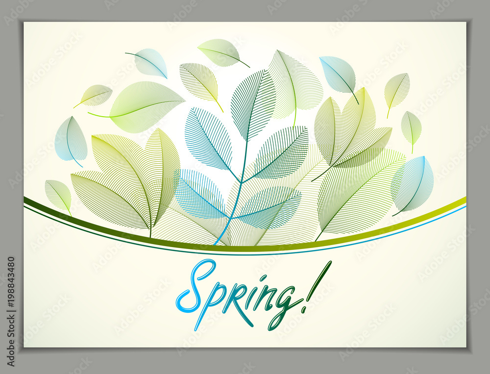 Spring horizontal banner design, vector green and fresh leaves floral ...