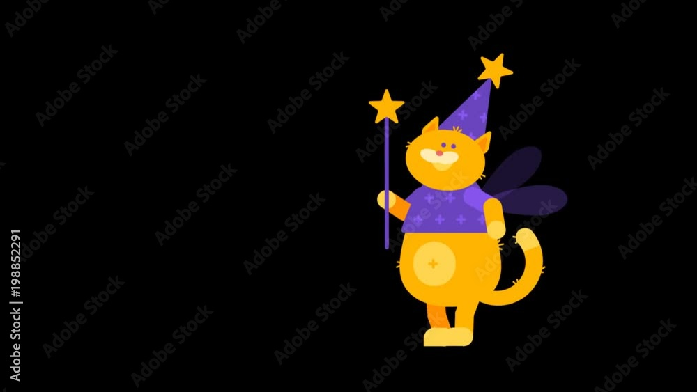 Cat Magician Holds Magic Wand Walking and Flying. Character Animation ...