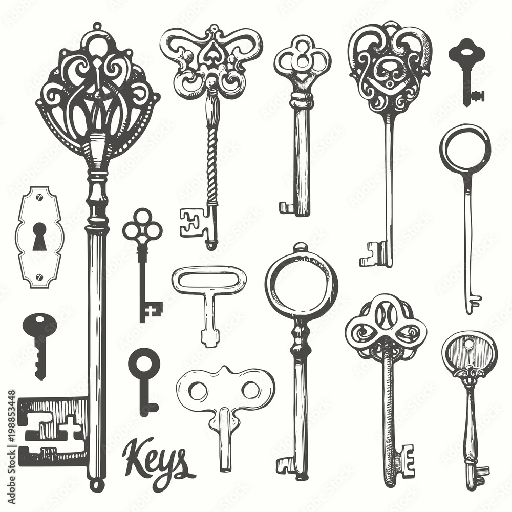 Vector set of hand-drawn antique keys. Illustration in sketch style on ...