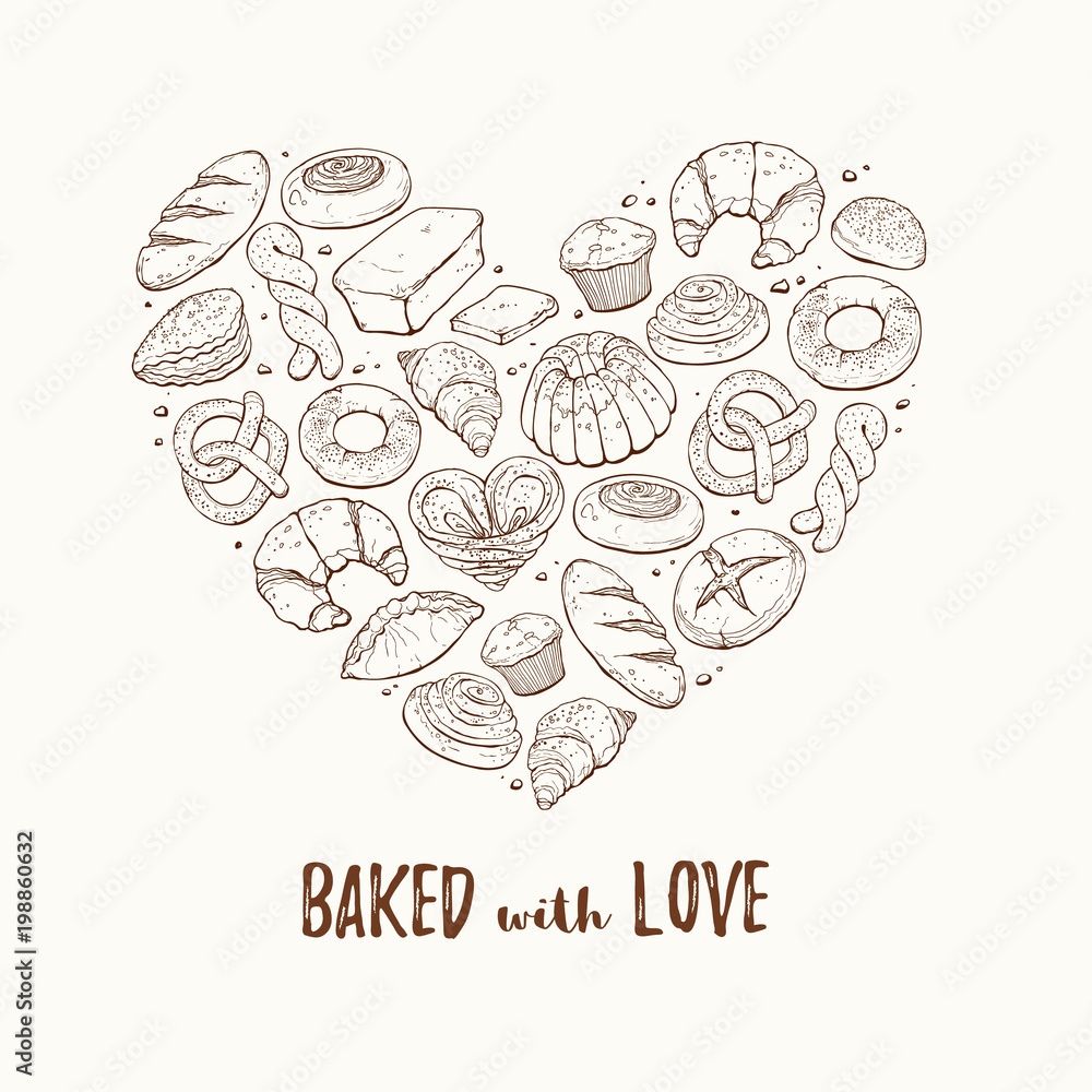 Heart shape composition from hand drawn bread in sketch style. Vector ...