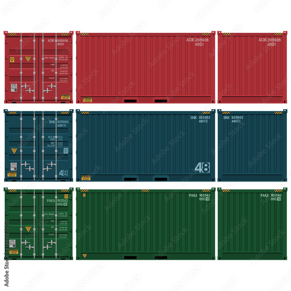 set of isolated container with marking on transparent background. There ...