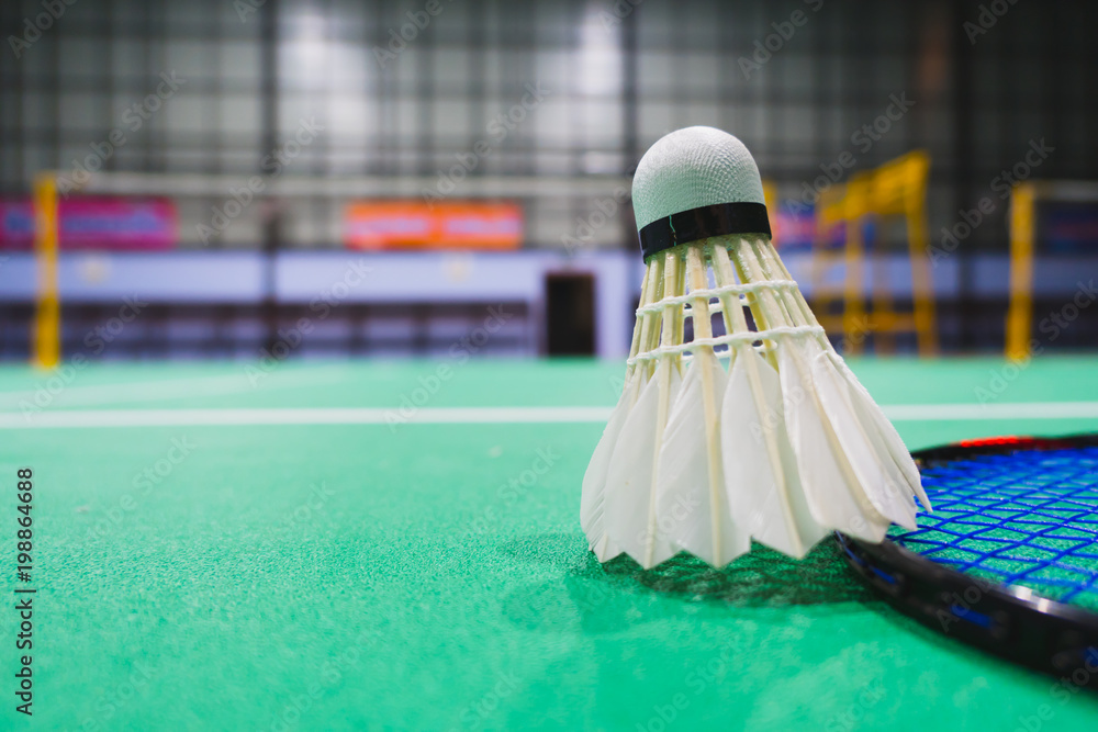 badminton shuttlecock in competing badminton courts blur background ...