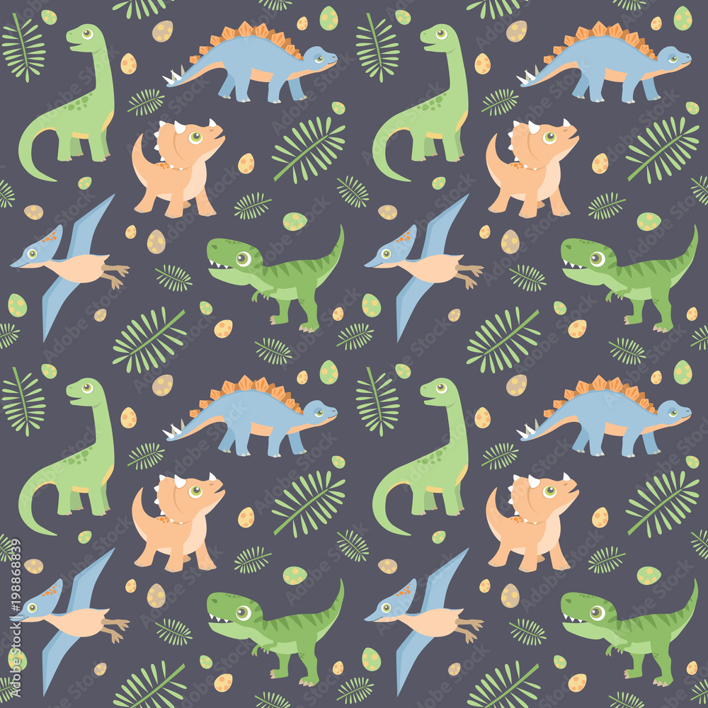 Pastel Color Dinosaurs on Dark Gray Background Seamless Pattern Flat ...