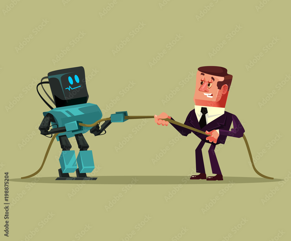 Vetor de Human man office worker manager businessman vs robot artificial intelligence pulling ...
