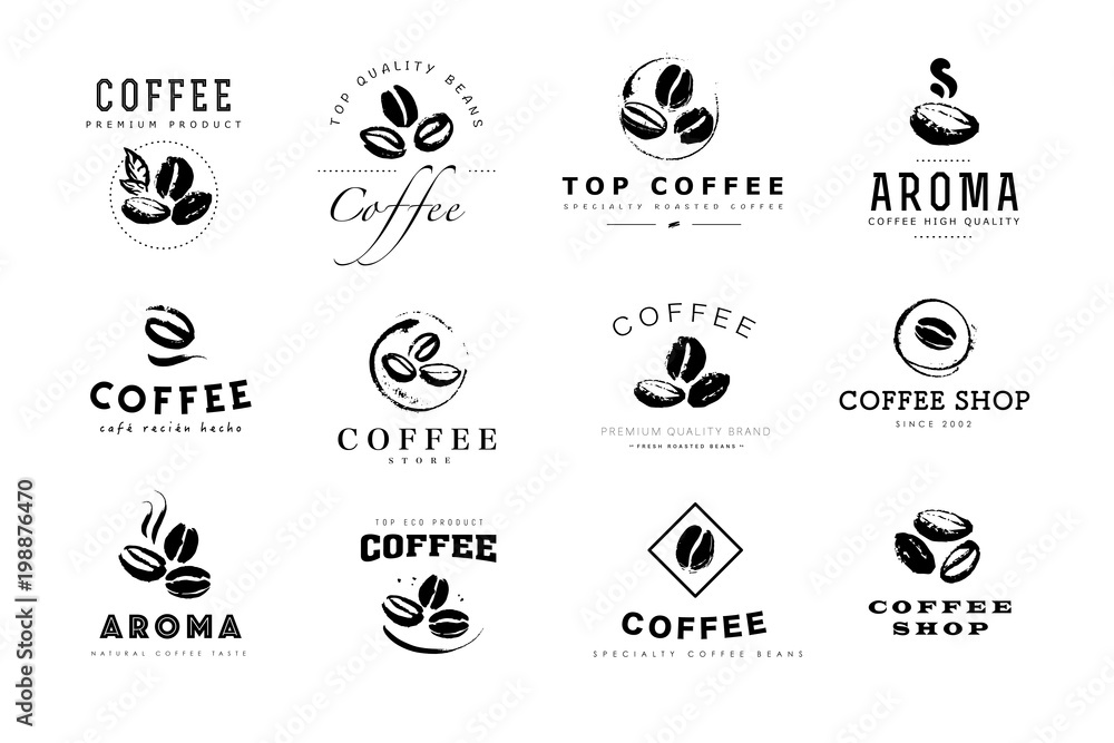 Vector collection of hand drawn coffee logo design elements isolated on ...