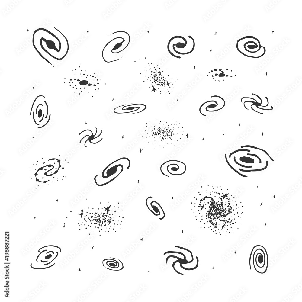 Vector set of hand drawn galaxy. Spiral galaxy, elliptical galaxy ...