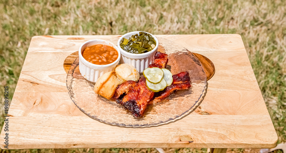 Barbecue Ribs Dinner on Wooden Tray Outdoors: Complete barbecue ribs ...