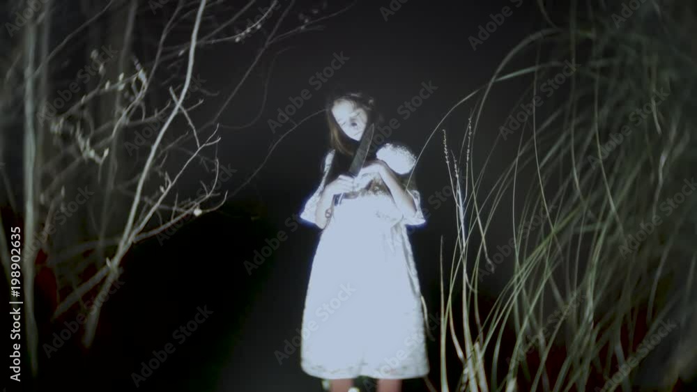 A little ghost girl with long black hair, in white, wandering through ...