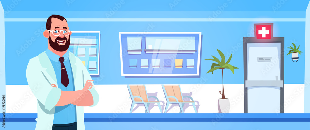 Male Doctor Standing Over Modern Hospital Or Clinic Interior Background ...