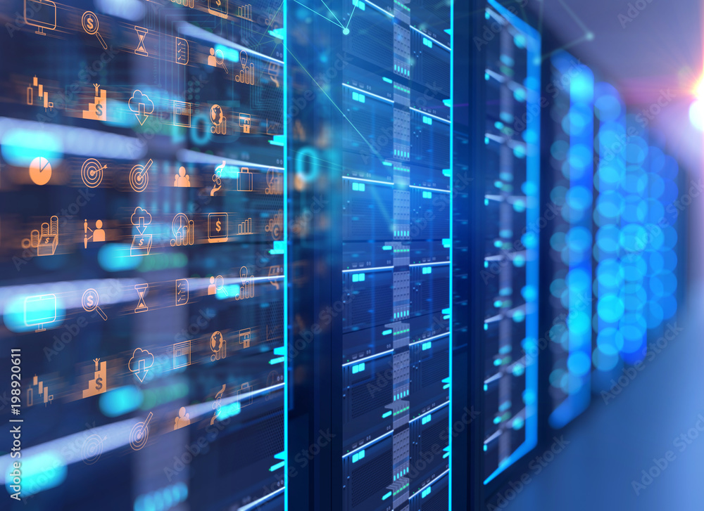 Corridor of server room with server racks in datacenter. 3d ...