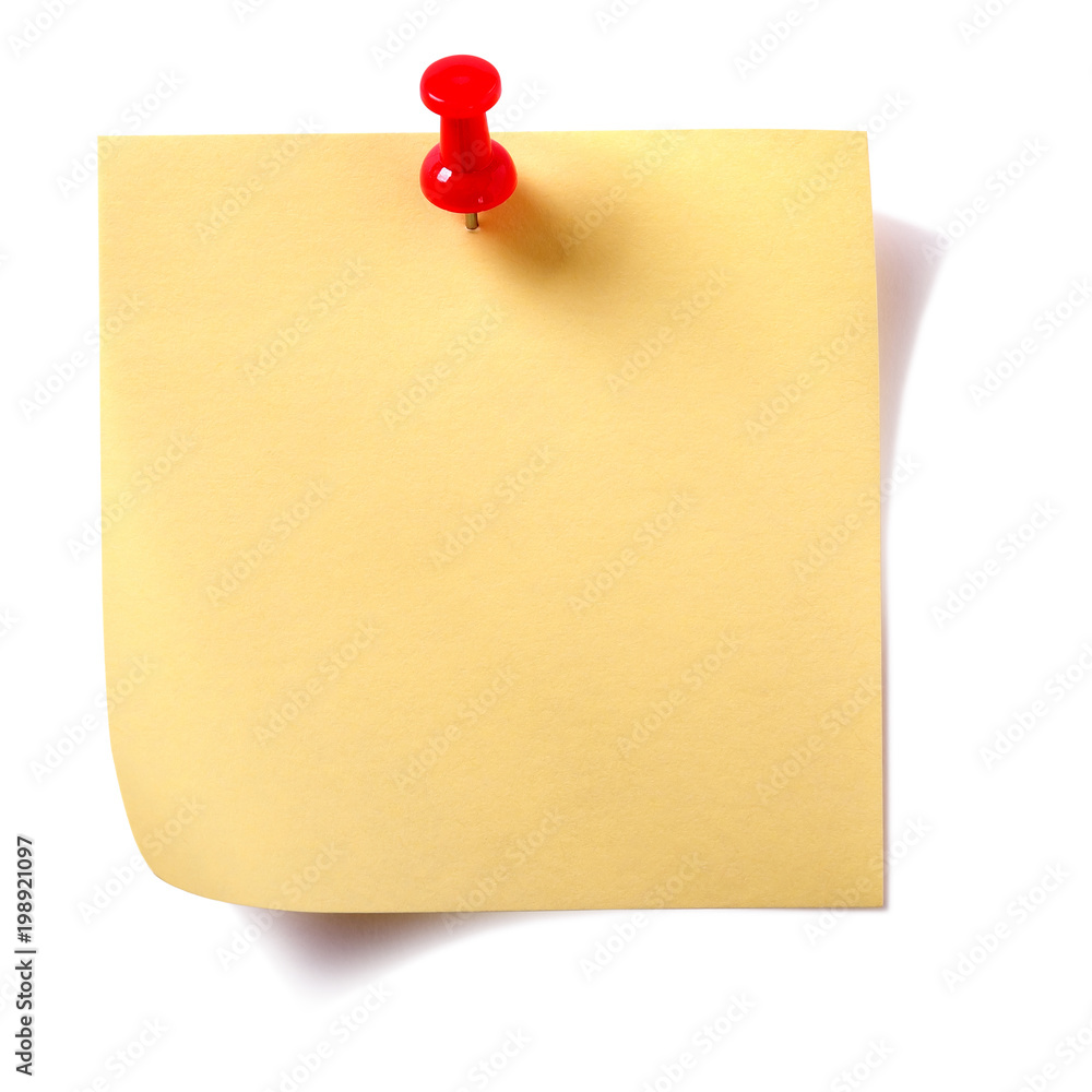 One single yellow square sticky post it note with pushpin isolated on ...
