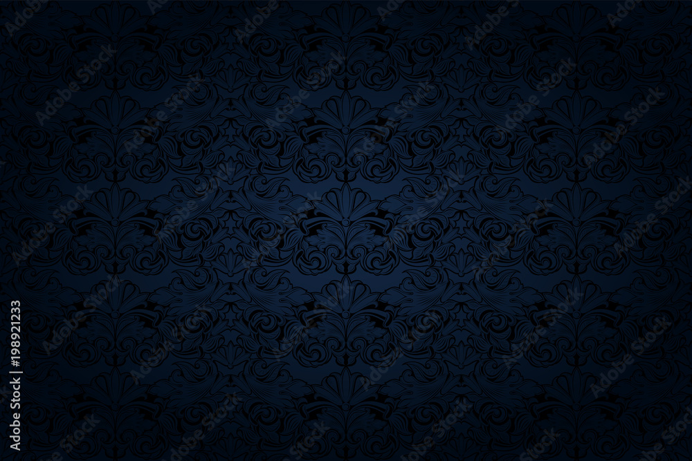 vintage Gothic background in dark blue and black with a classic Baroque pattern, Rococo wall ...
