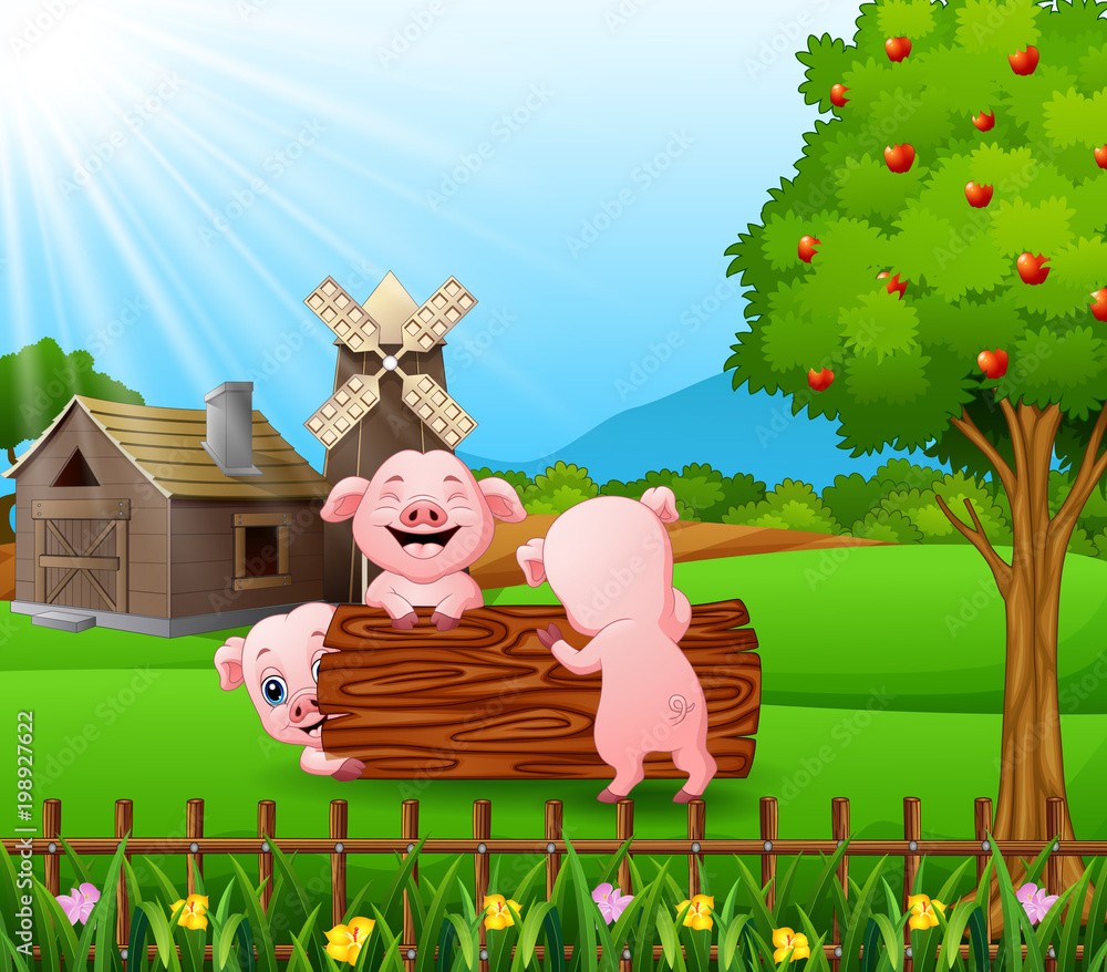 Cartoon three little pigs play in the log with farm background Stock ...