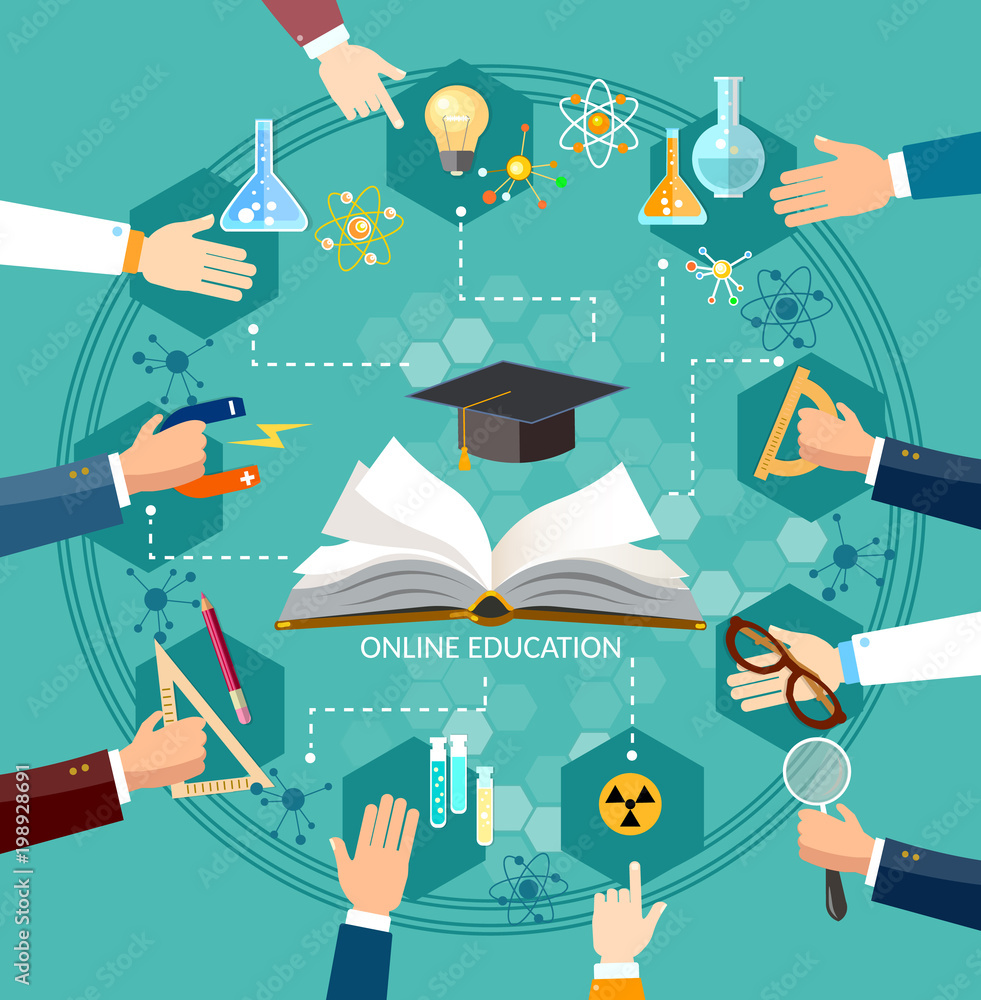 Education infographics open book of knowledge, school background ...