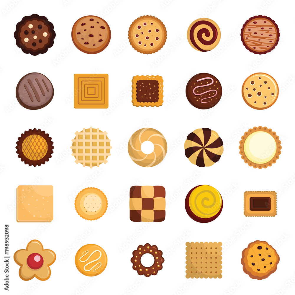 Cookies biscuit icons set. Flat illustration of 25 cookies biscuit ...