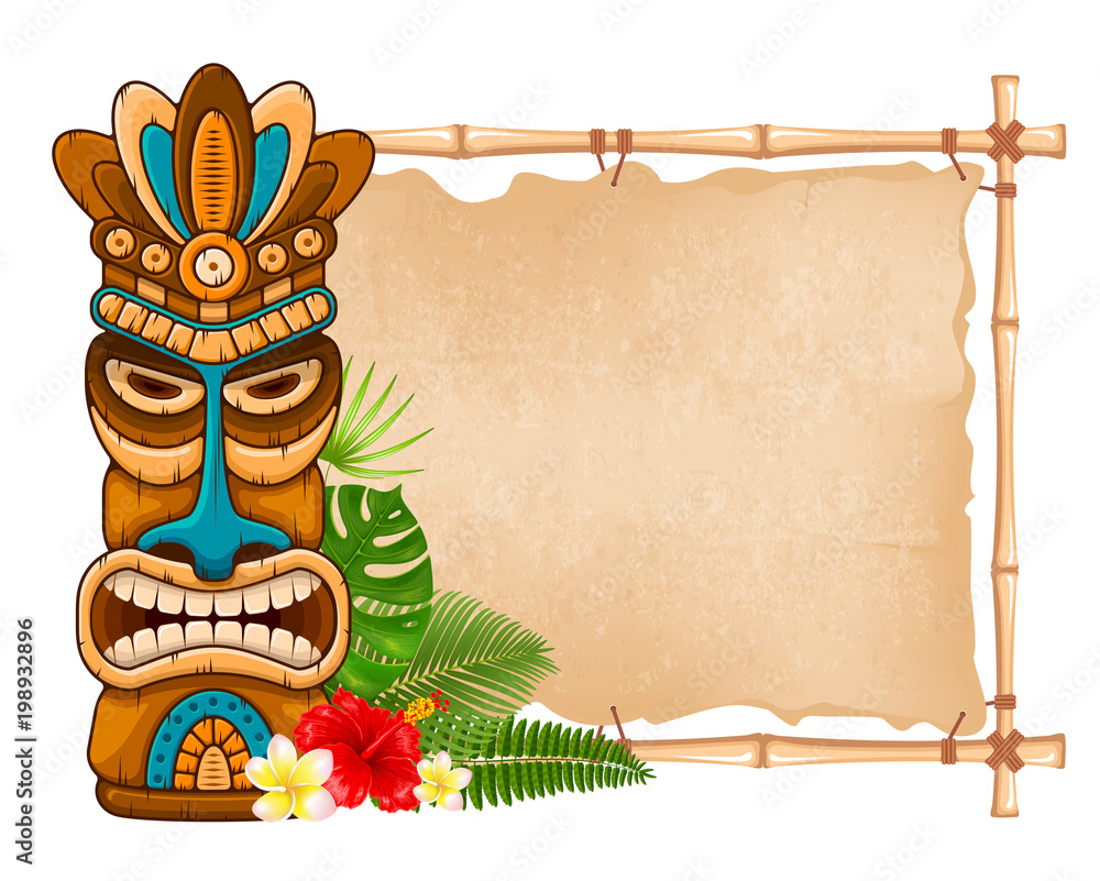 Wooden Tiki mask and bamboo signboard Stock Vector | Adobe Stock
