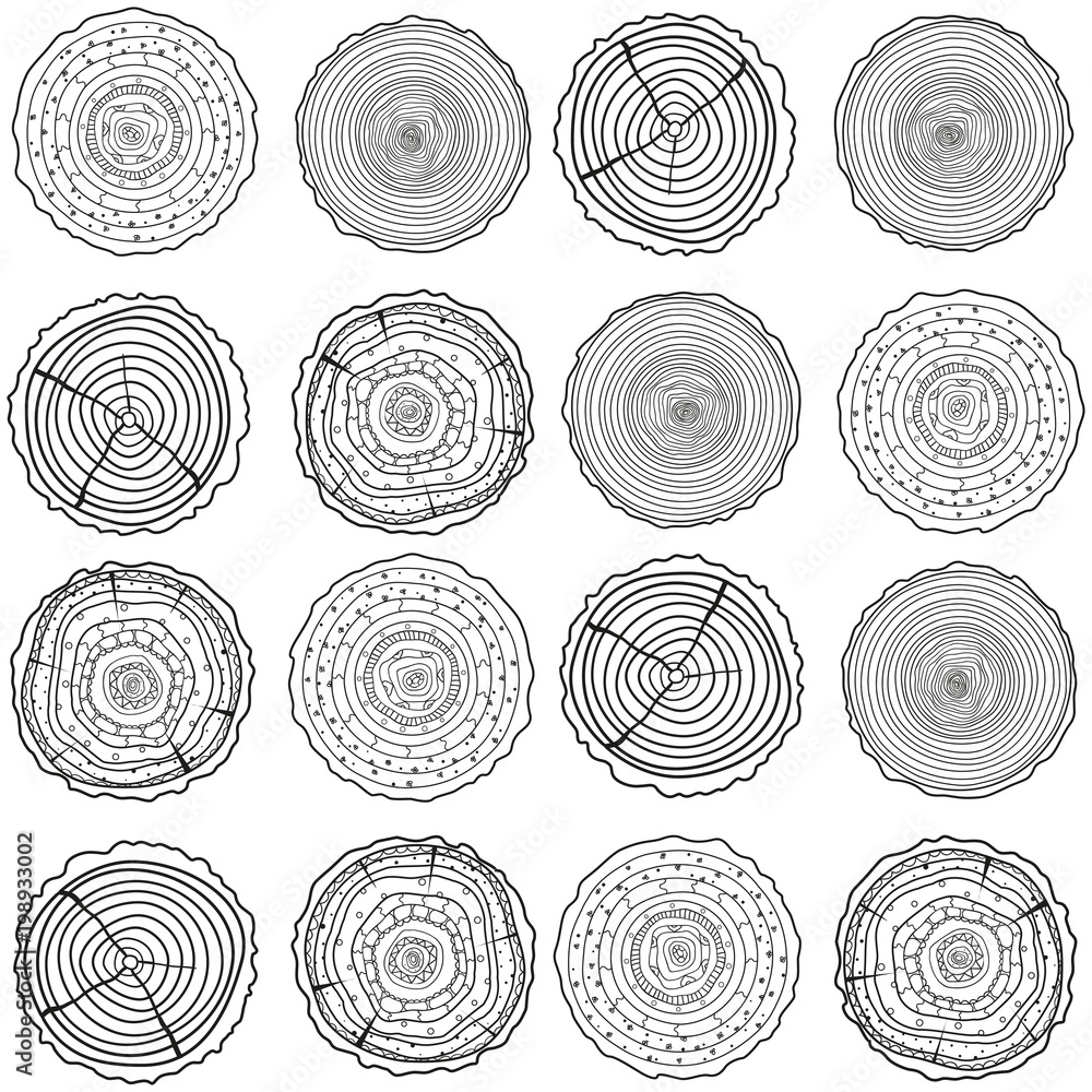 Tree rings. Seamless pattern. Set of tree rings on isolation background ...