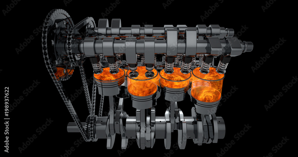 3d model of a working V8 engine with explosions. Pistons and other ...