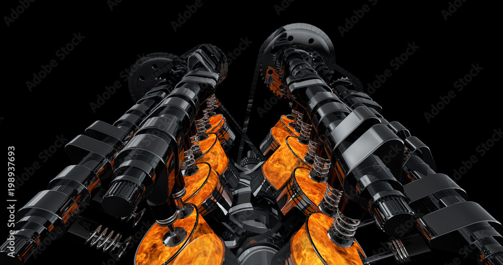 CG model of a working V8 engine with explosions. Pistons and other ...