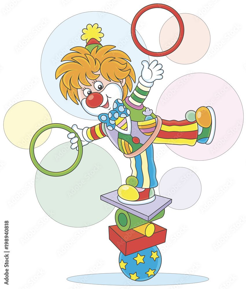 Circus show of a comic juggler - equilibrist. Friendly smiling clown ...